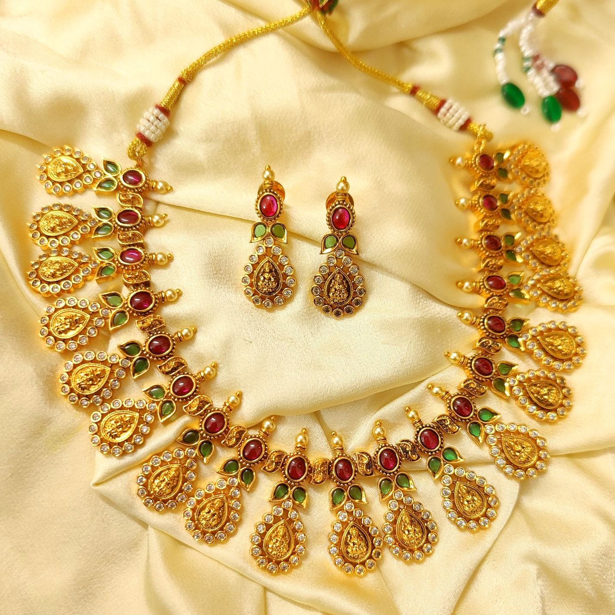 Temple Look Ruby & Emerald Drop Kempu Style Necklace Set – Sanvi Jewels