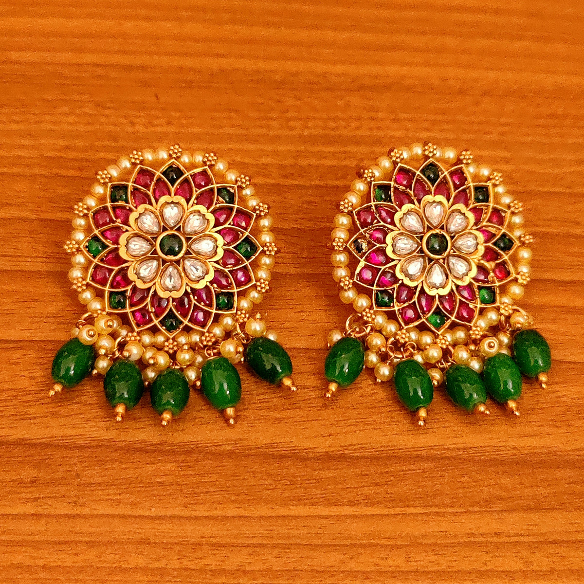 MULTICOLOUR REAL KEMPU STONE KUNDAN LOOK BIG STUDS – Sanvi Jewels
