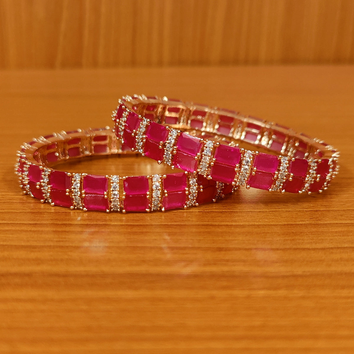 RUBY COLOUR CZ & AD STUDDED ROSE GOLD BANGLES – Sanvi Jewels