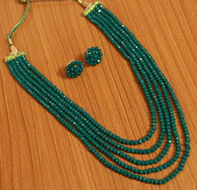 Dark Green Crystal beaded 5 line Necklace Set – Sanvi Jewels